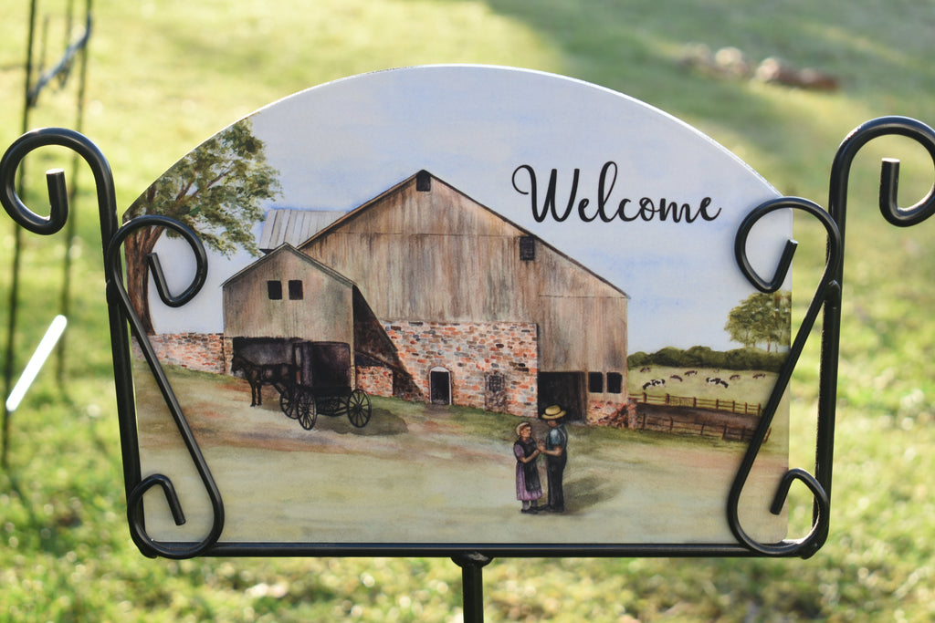 'Welcome' Amish Farm Scene Aluminum Sign – Garden Path PA