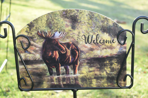 'Welcome' Moose In The River Scenic Landscape Painted Sign – Garden Path PA