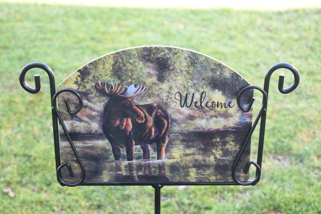 'Welcome' Moose In The River Scenic Landscape Painted Sign – Garden Path PA